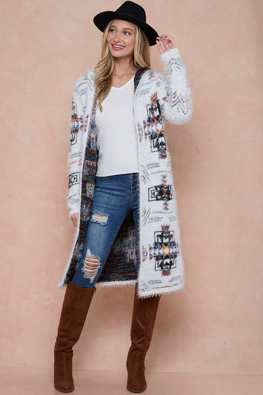 Aztec Rainbow Fuzzy Hoodie Long Cardigan - Ivory/Rainbow – Debra's ...