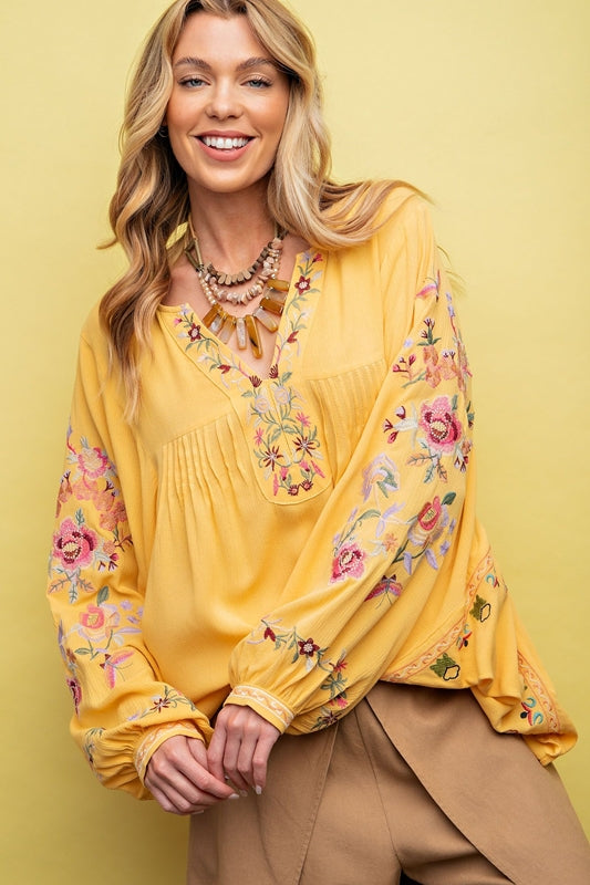 Easel Embroidered Boho Blouse - Straw Yellow – Debra's Passion Boutique