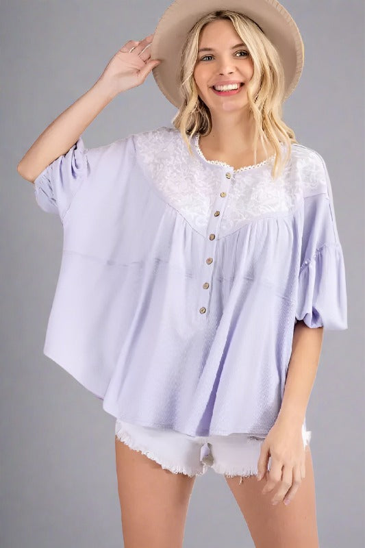 143 Story Embroidered Dolman Short Top - Lavender – Debra's Passion ...